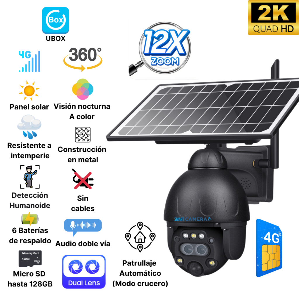 Cámara de Seguridad con Panel Solar, 4G, zoom 12X Doble lente